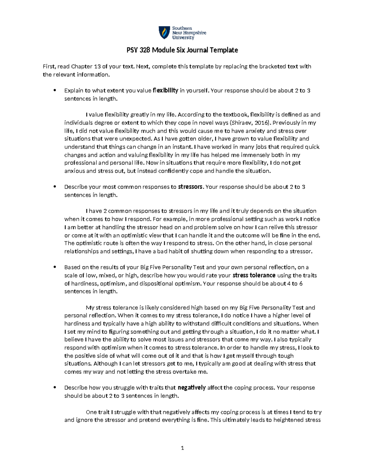 PSY 328 Module Six Journal - Next, complete this template by replacing the bracketed text with ...