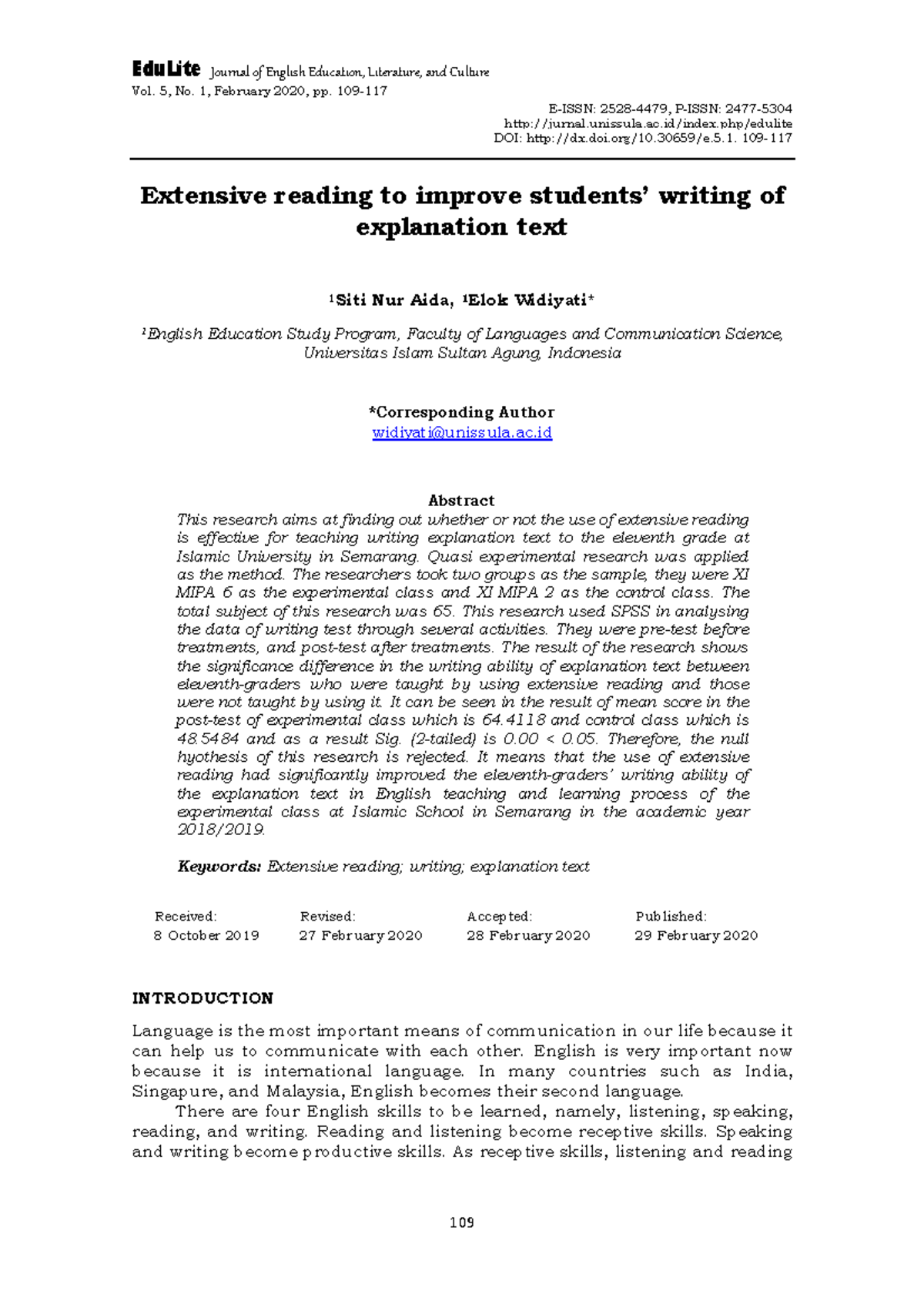 Extensive reading to improve students’ writing of explanation text ...