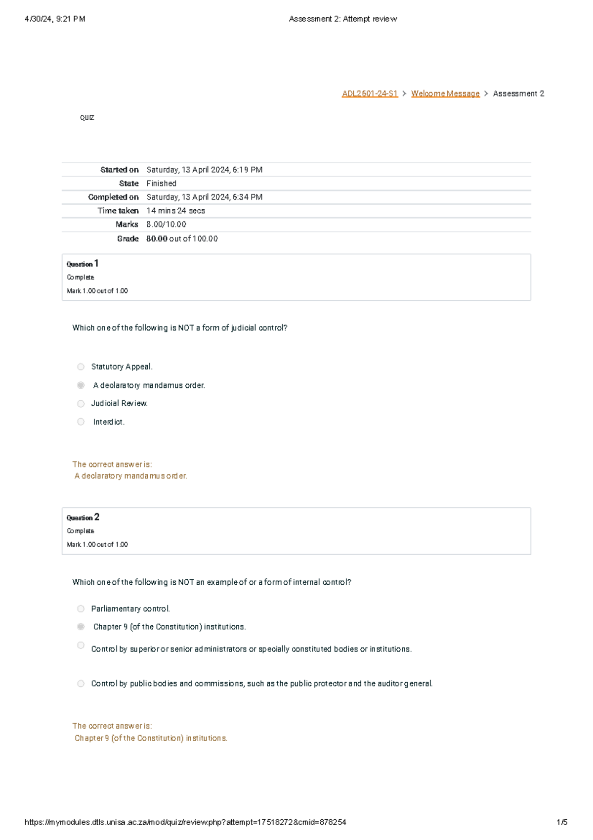 Question and answers - ADL2601-24-S1 Welcome Message Assessment 2 Started on Saturday, 13 April ...
