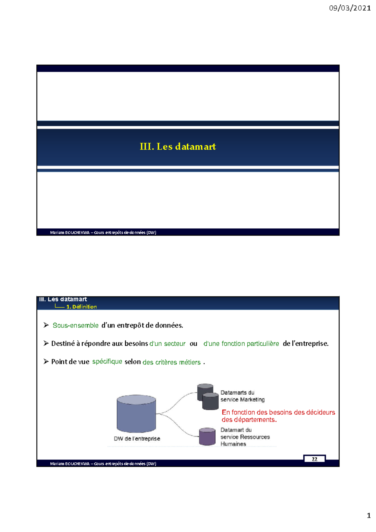 enterpot de donnée - III. Les datamart Mariam BOUCHEKWA – Cours ...