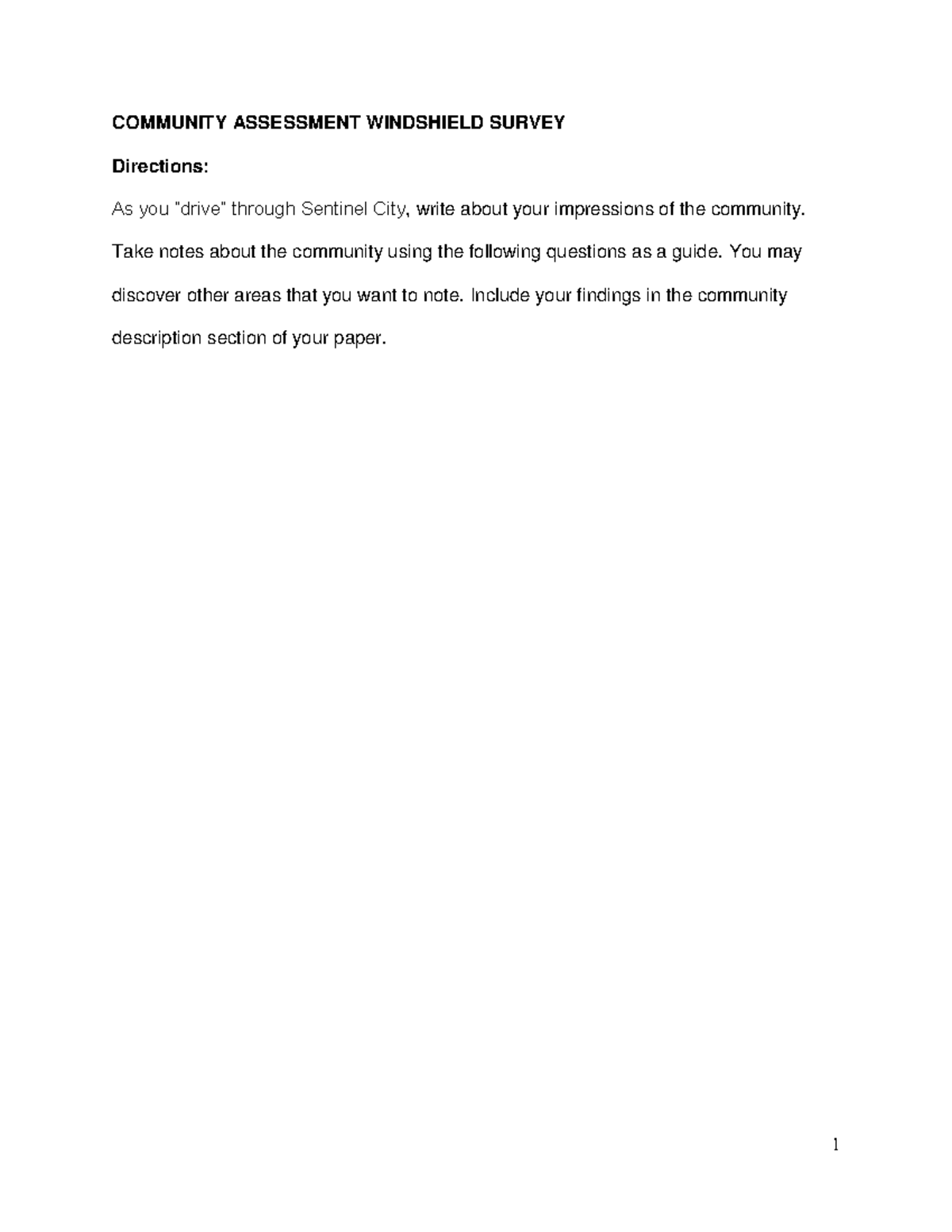 Windshield Survey - course info - COMMUNITY ASSESSMENT WINDSHIELD ...