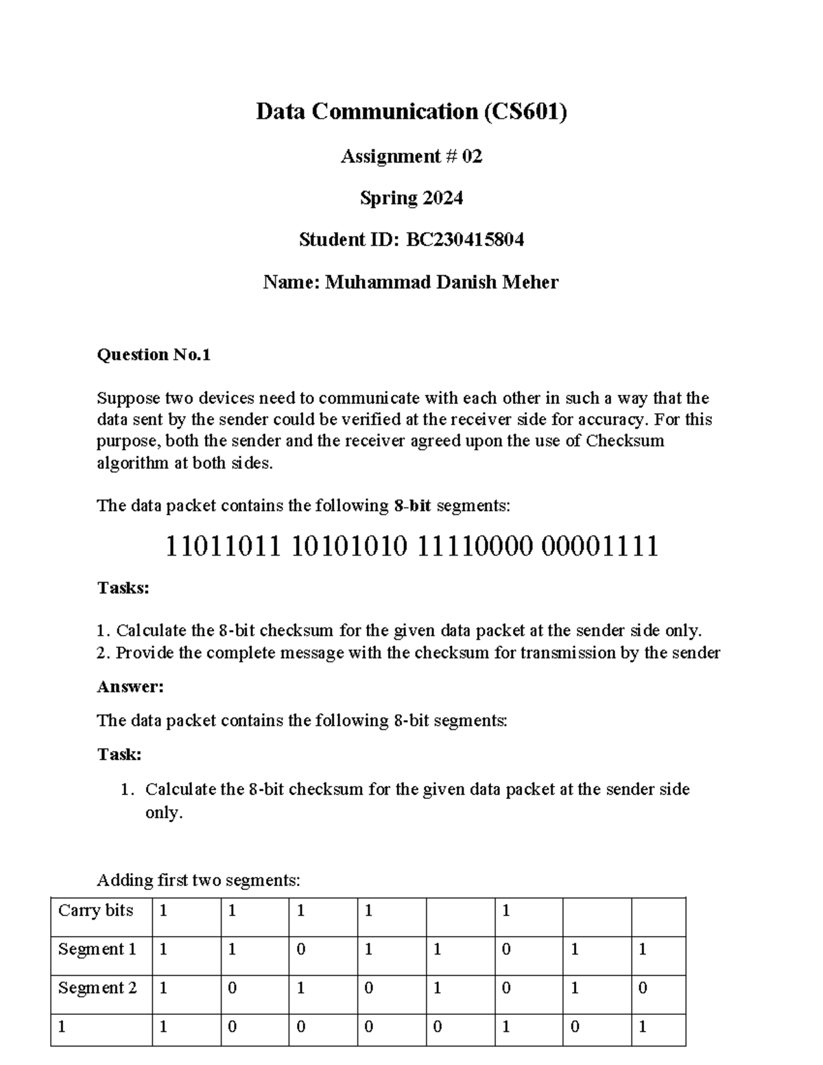 Spring 2024 CS601 2 Solved - Data Communication (CS601) Assignment # 02 Spring 2024 Student ID ...