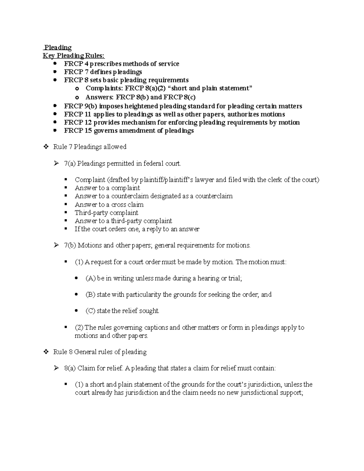 Detailed outline Civ Pro - Pleading Key Pleading Rules: FRCP 4 ...