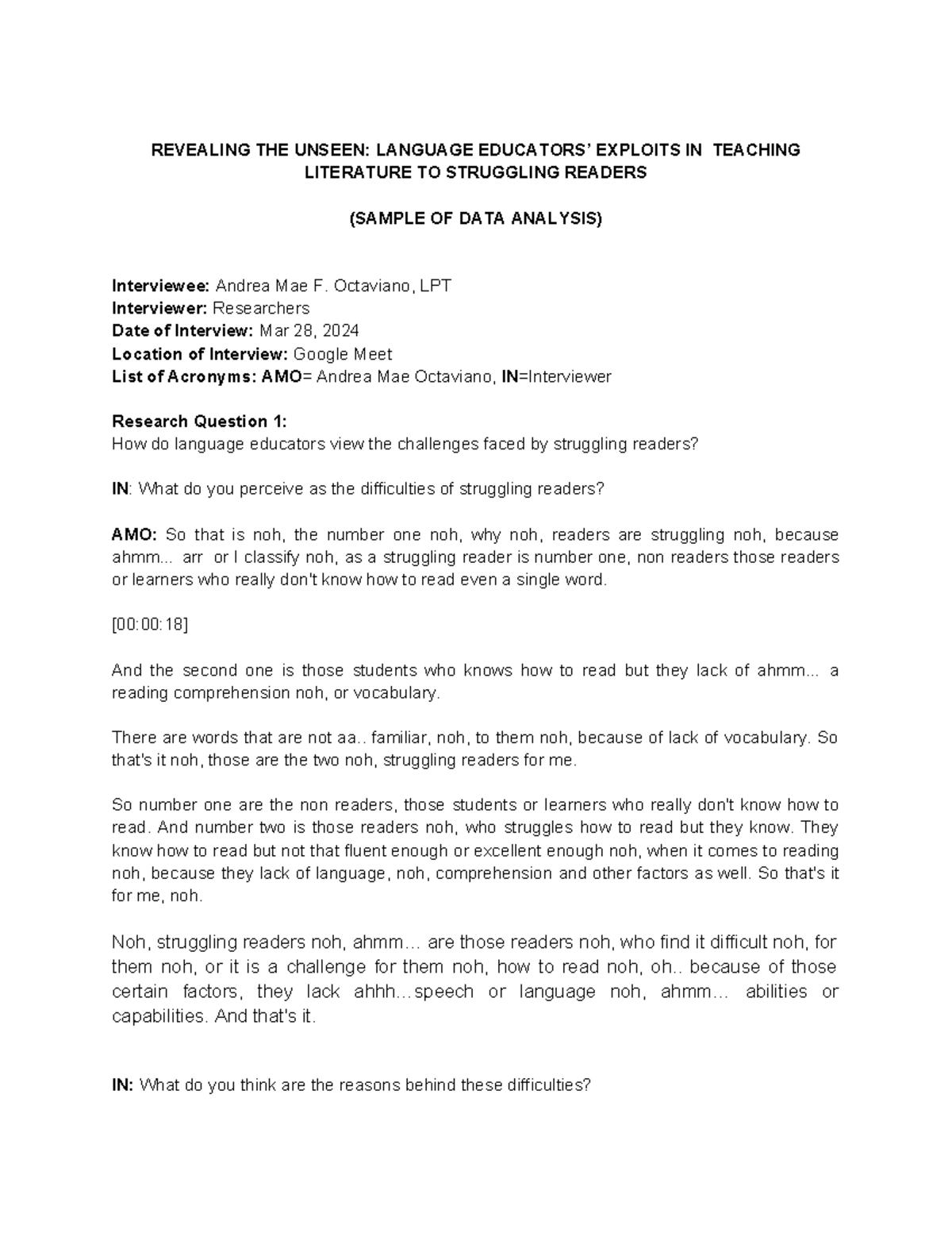 Sample DATA Analysis - REVEALING THE UNSEEN: LANGUAGE EDUCATORS ...