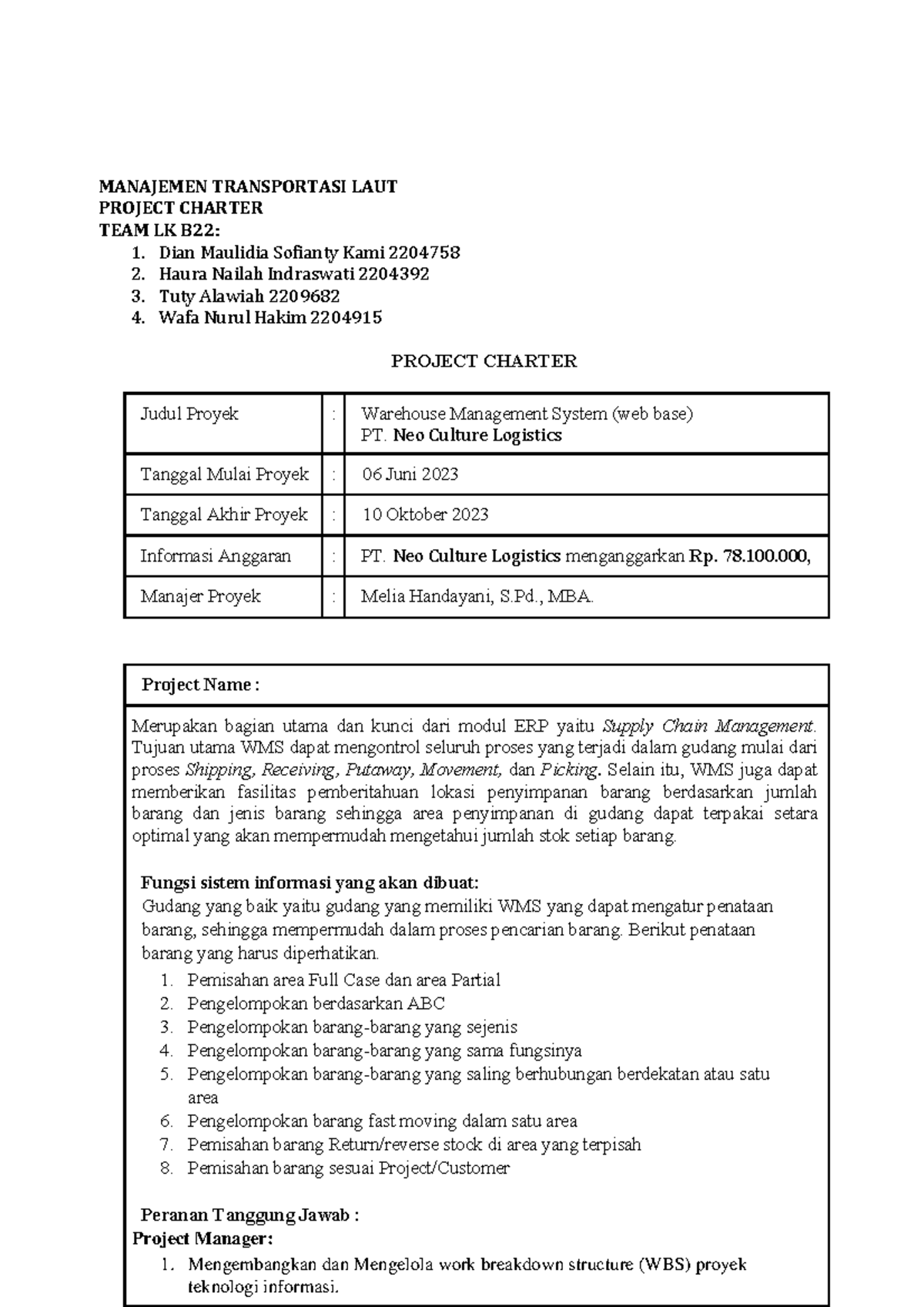Project Charter - MANAJEMEN TRANSPORTASI LAUT PROJECT CHARTER TEAM LK ...
