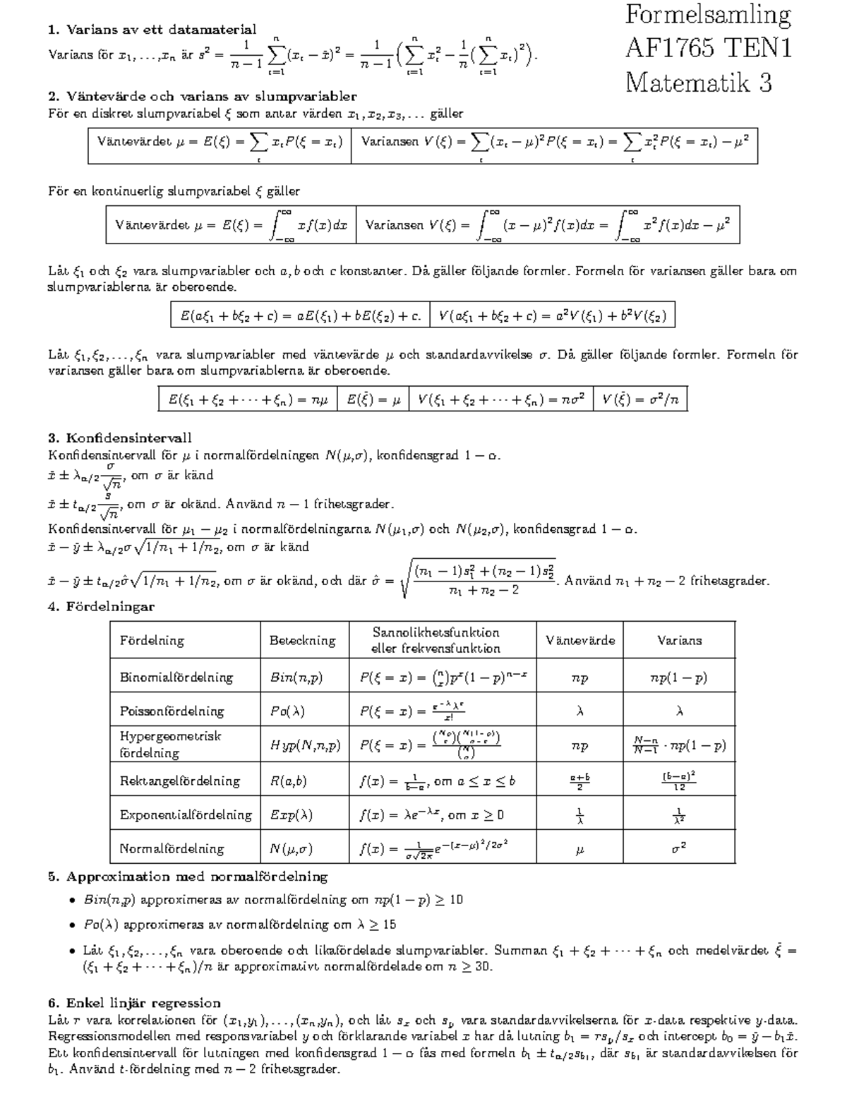 AF1765 Formelsamling - .ccc - Formelsamling AF1765 TEN Matematik 3 Varians av ett datamaterial ...