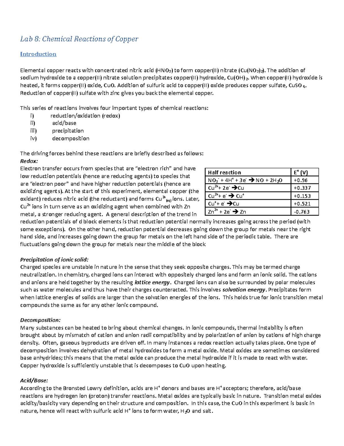 Lab Handout #7 - Reactions of Copper - Lab 8: Chemical Reactions of ...