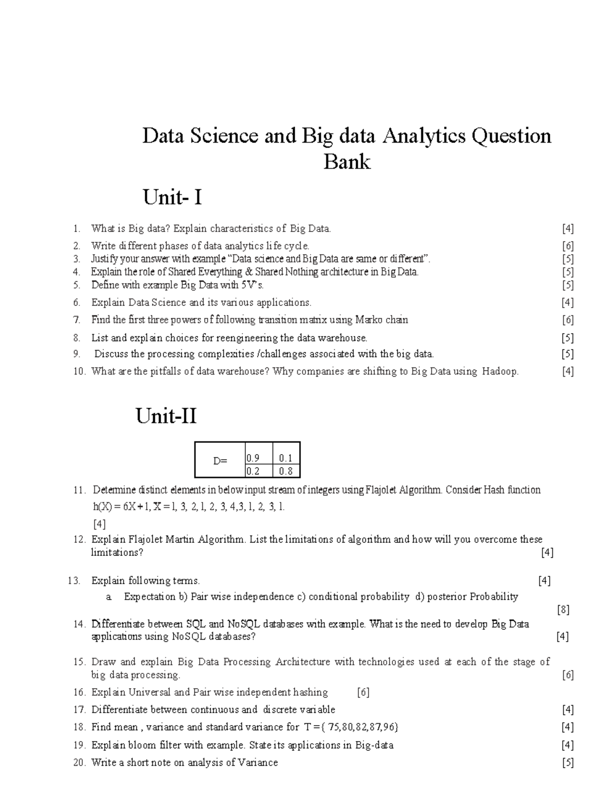 Dsbda Unit - I to VI Question Bank - Data Science and Big data Analytics Question Bank Unit- I 1 ...