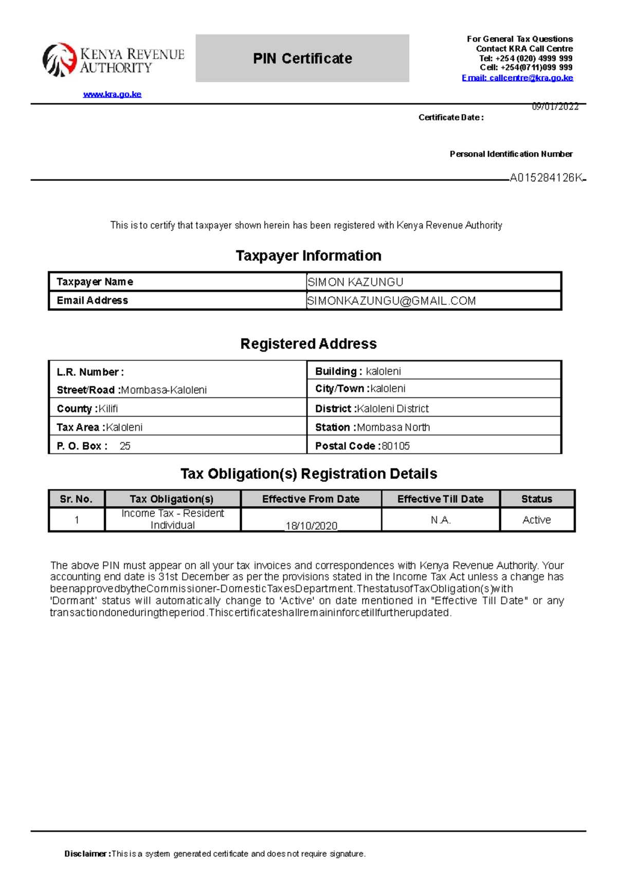 KRA SOFT555555555555555 - PIN Certificate For General Tax Questions ...