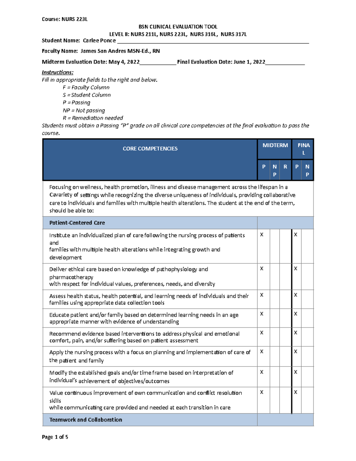 N223L Final Evaluation - BSN CLINICAL EVALUATION TOOL LEVEL II: NURS ...