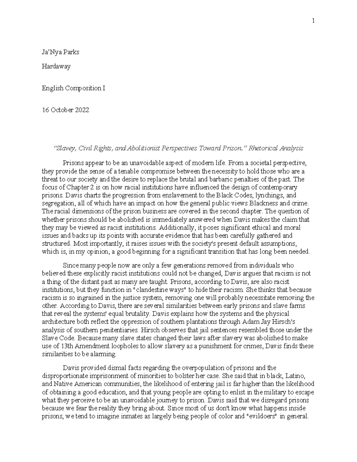 Rhetorical Essay Assignment - 1 Ja’Nya Parks Hardaway English ...