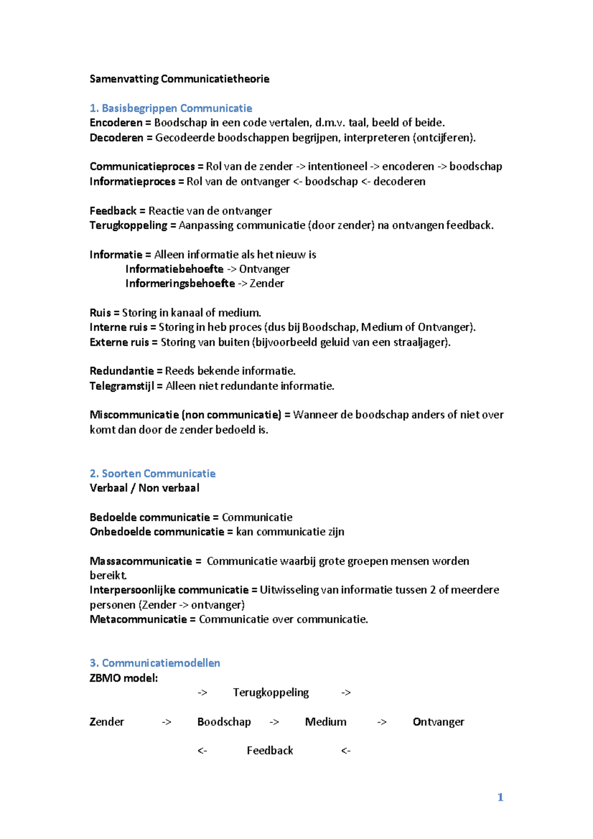 Samenvatting Communicatietheorie (1e jaar):H1-15 - Samenvatting ...
