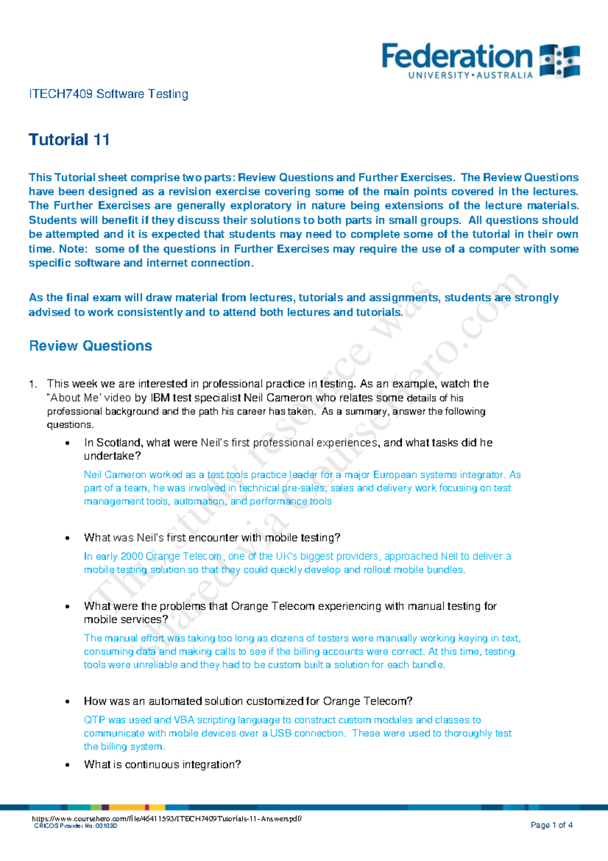 ITECH7409 Tutorials 11 Answers - ITECH7409 Software Testing CRICOS ...