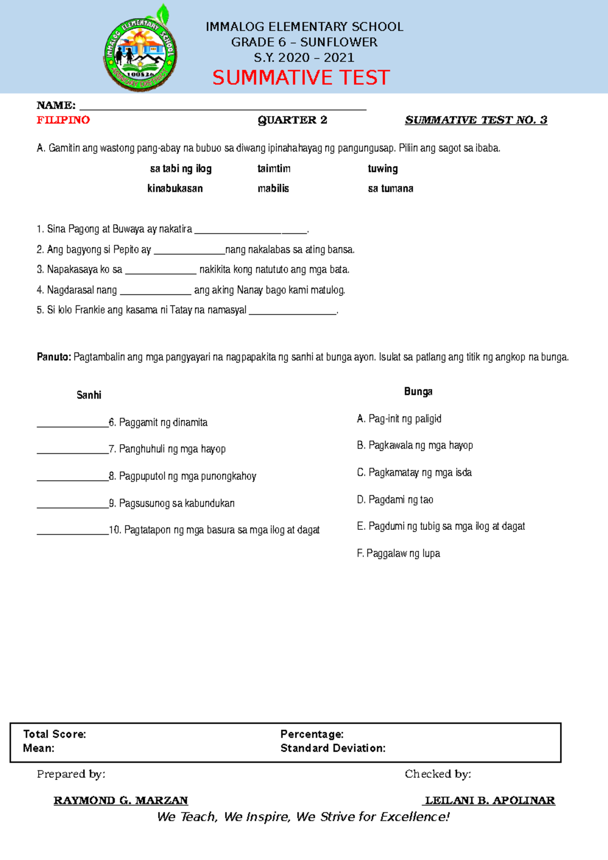 Summative Test In Filipino 6 NAME