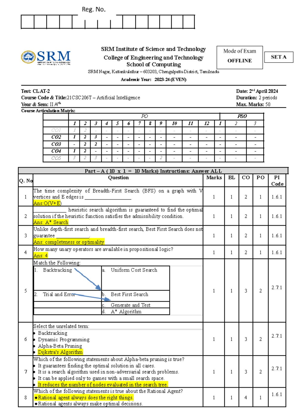ARTIFICIAL INTELLIGENCE 21 Regulation CT 1 PYQs C TECH, CINTEL ...