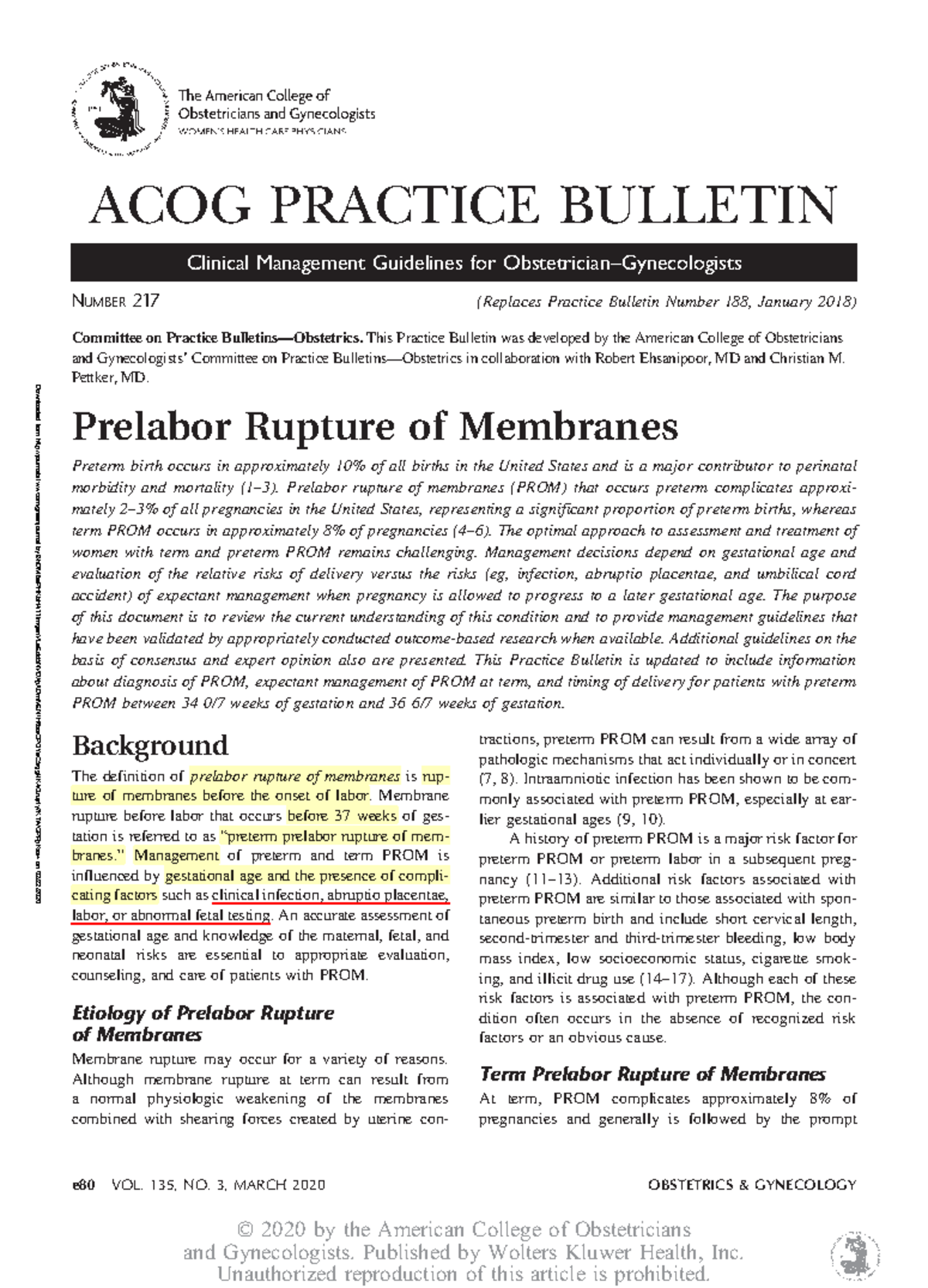 ACOG - Prelabor rupture of membrane - Downloaded from journals.lww ...