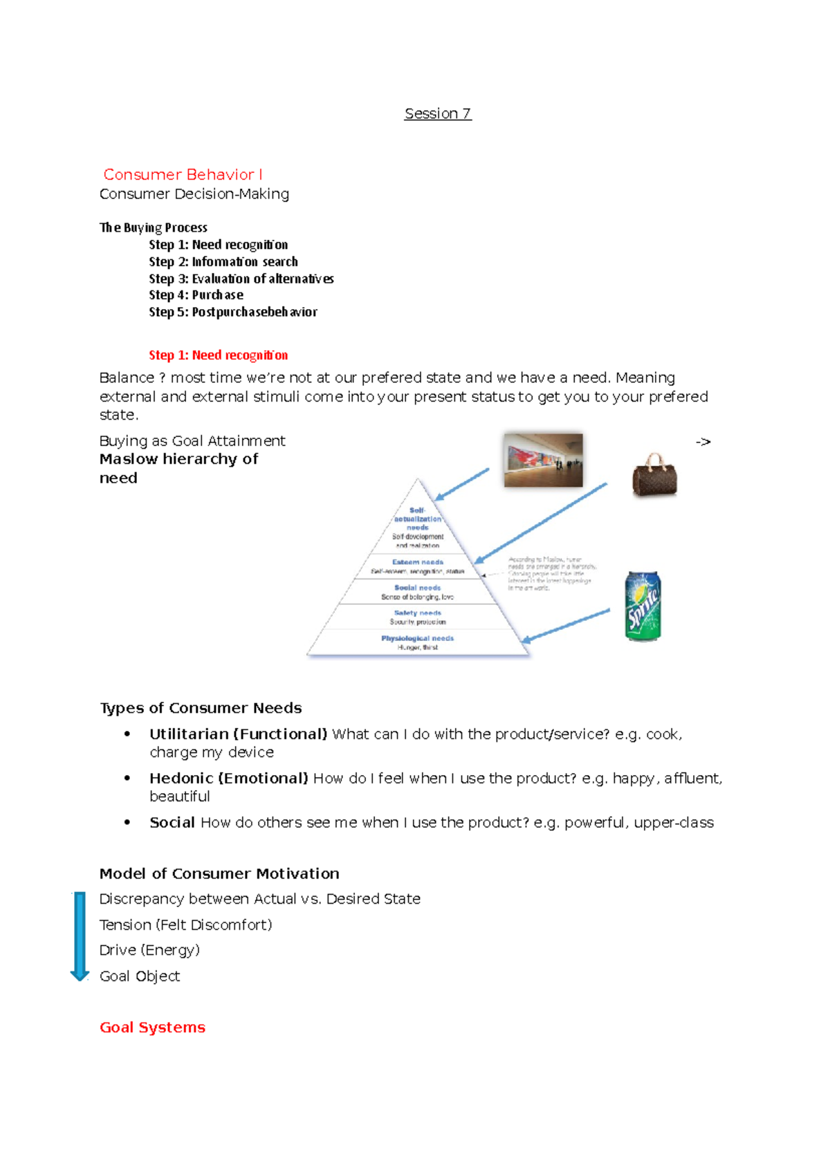Session 7 - Class notes for class of marketing - Session 7 Consumer ...