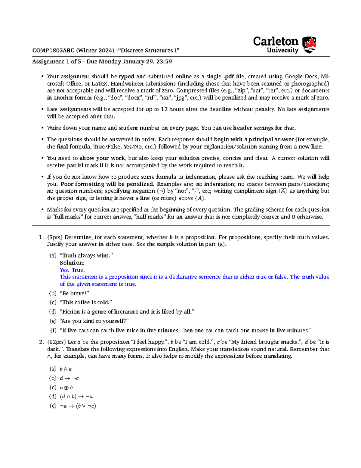 A1-W-2024 - Adsadad - COMP1805ABC (Winter 2024) -“Discrete Structures I” Assignment 1 of 5 - Due ...