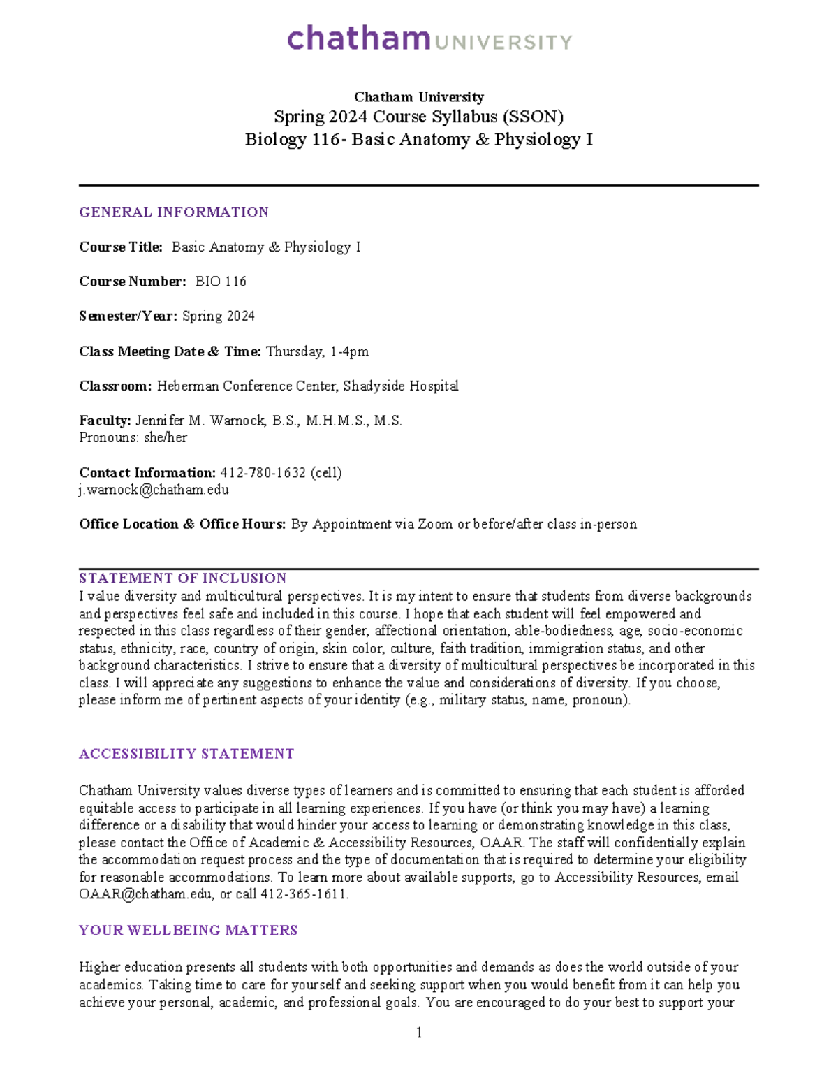 BIO116-702-24SP Syllabus - Chatham University Spring 2024 Course ...