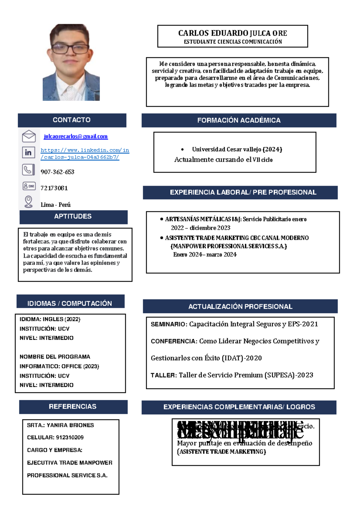 Formato CV Carlos Julca ORE (examen parcial) 1 - julcaorecarlos@gmail linkedin/in - Studocu
