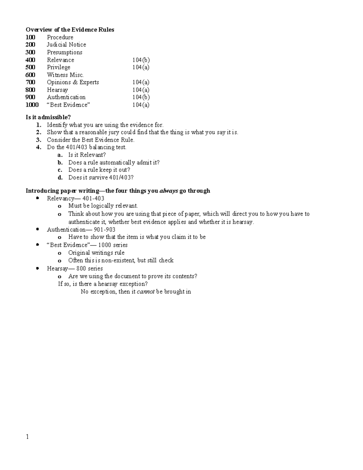 Evidence Outline - Overview of the Evidence Rules 100 Procedure 200 ...