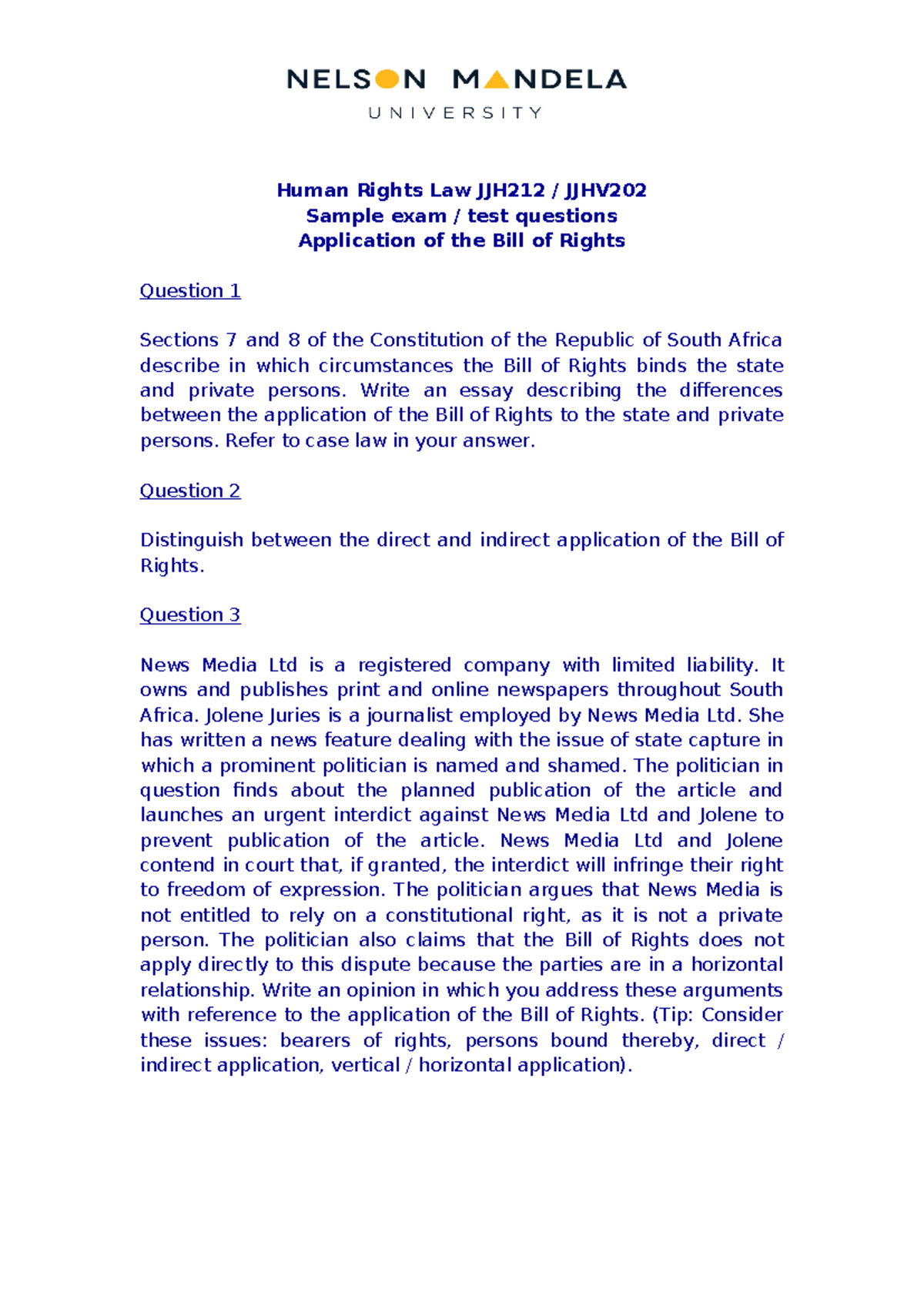 Application of B of R sample questions - Human Rights Law JJH212 / JJHV ...