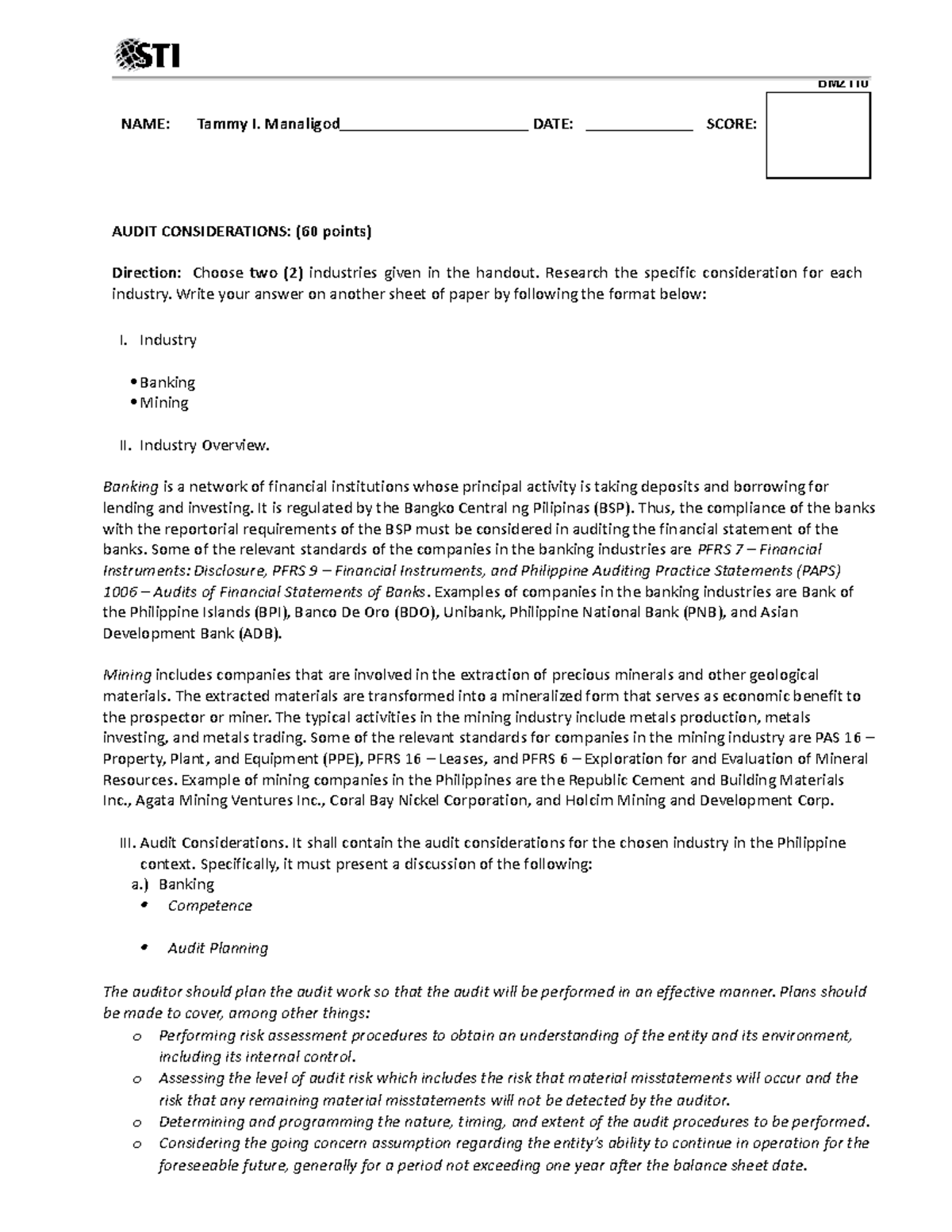 01 Task Performance 1 - NAME: Tammy I. Manaligod DATE: SCORE: AUDIT ...