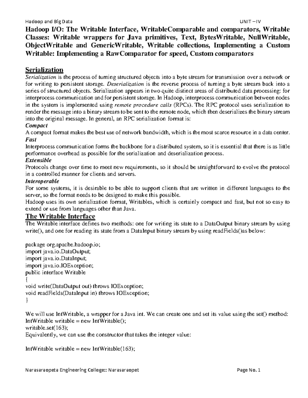 Hadoop And Big Data Unit 4 Hadoop Io The Writable Interface Writablecomparable And