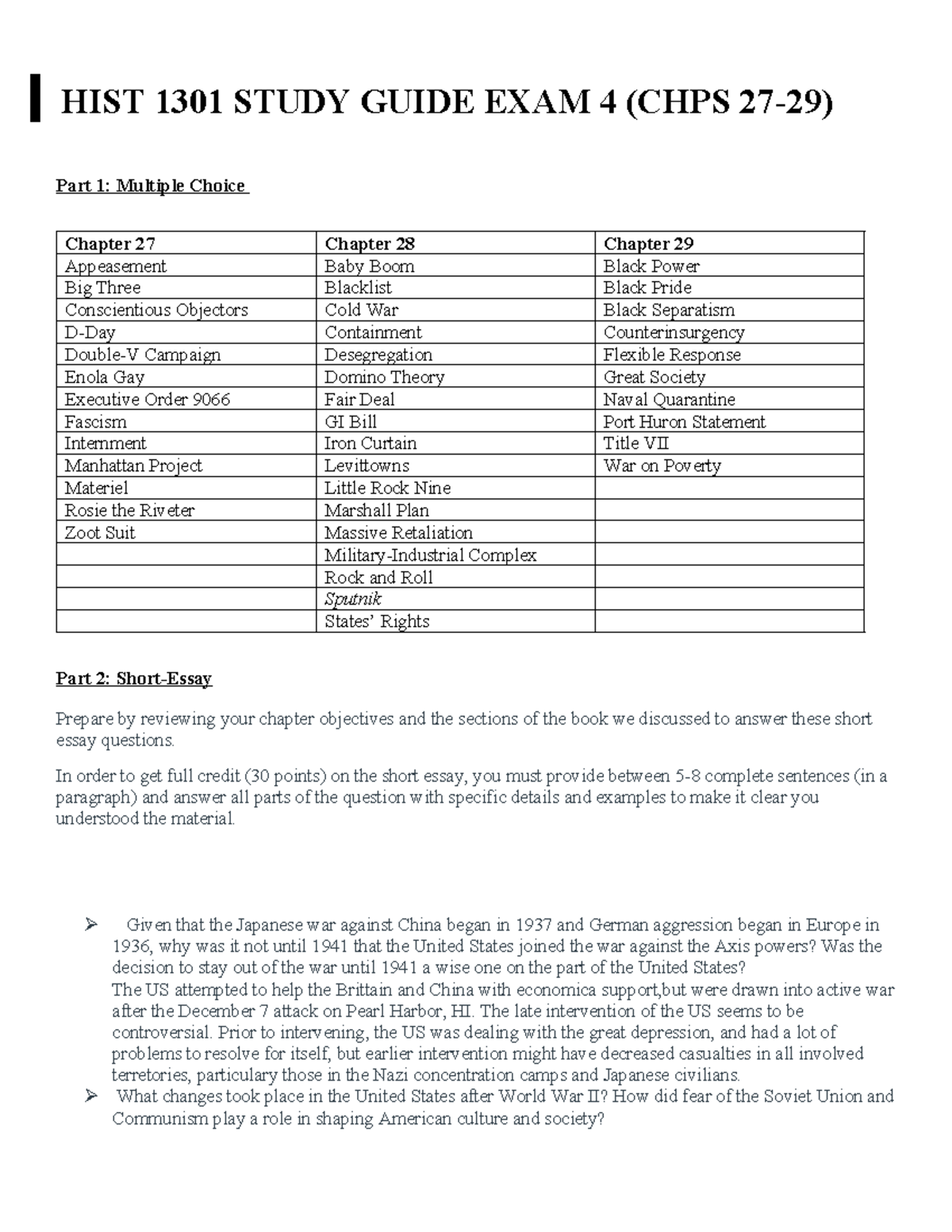 HIST 1302 Study Guide - Exam 4 - Chapters 27-29 - HIST 1301 STUDY GUIDE EXAM 4 (CHPS 27-29) Part ...