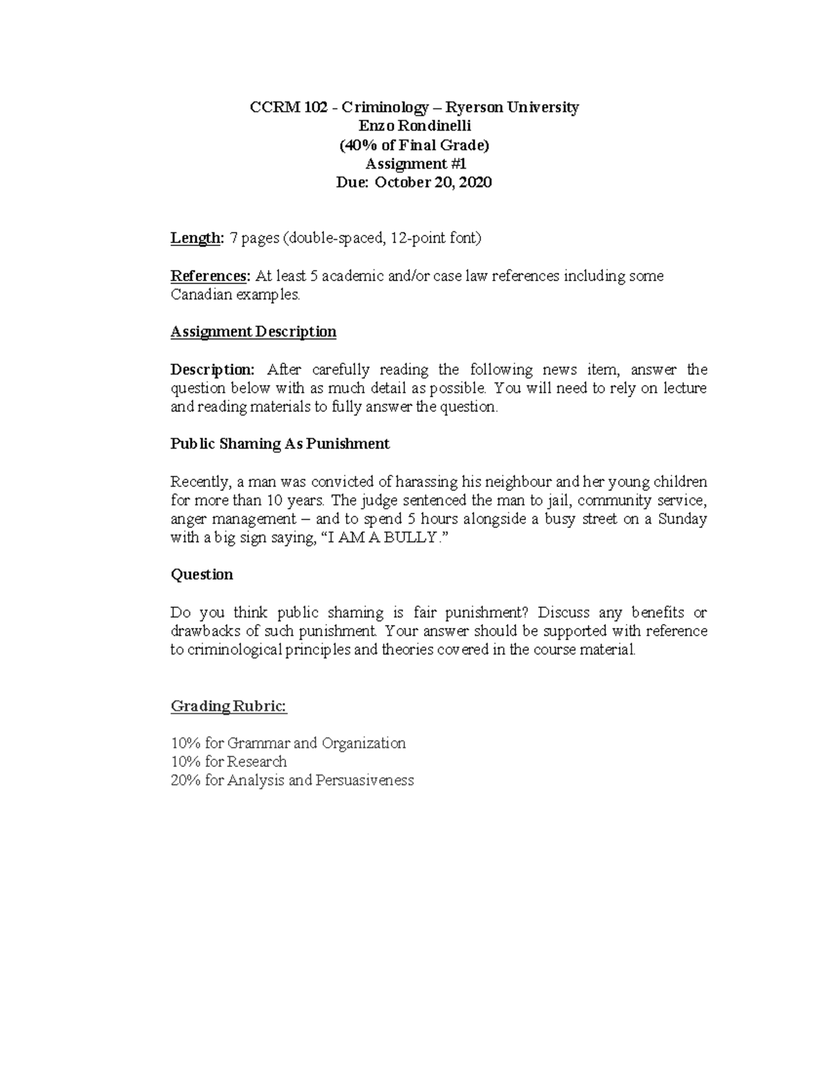 Assignment.1.CCRM.102 - CCRM 102 - Criminology – Ryerson University ...