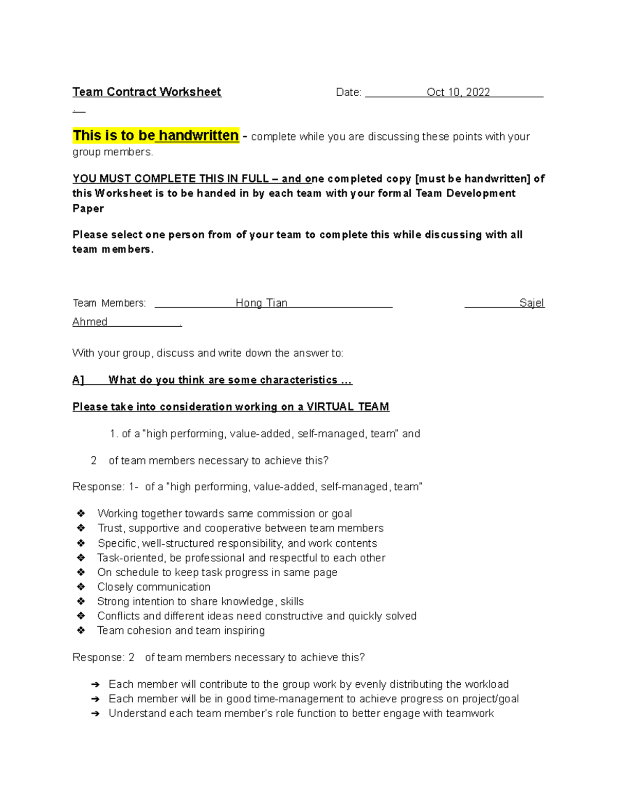 Team Contract Worksheet - This is to be handwritten - complete while ...