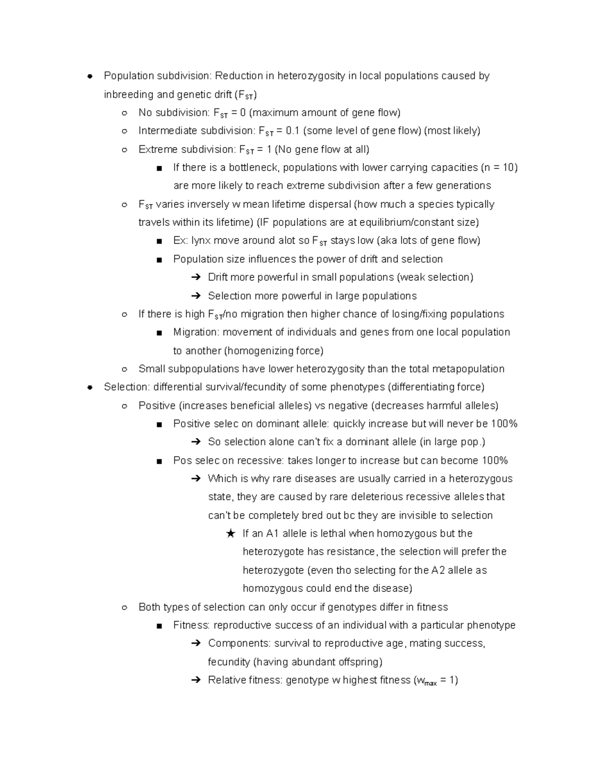 Evolution Midterm 2 Notes - Population subdivision: Reduction in ...