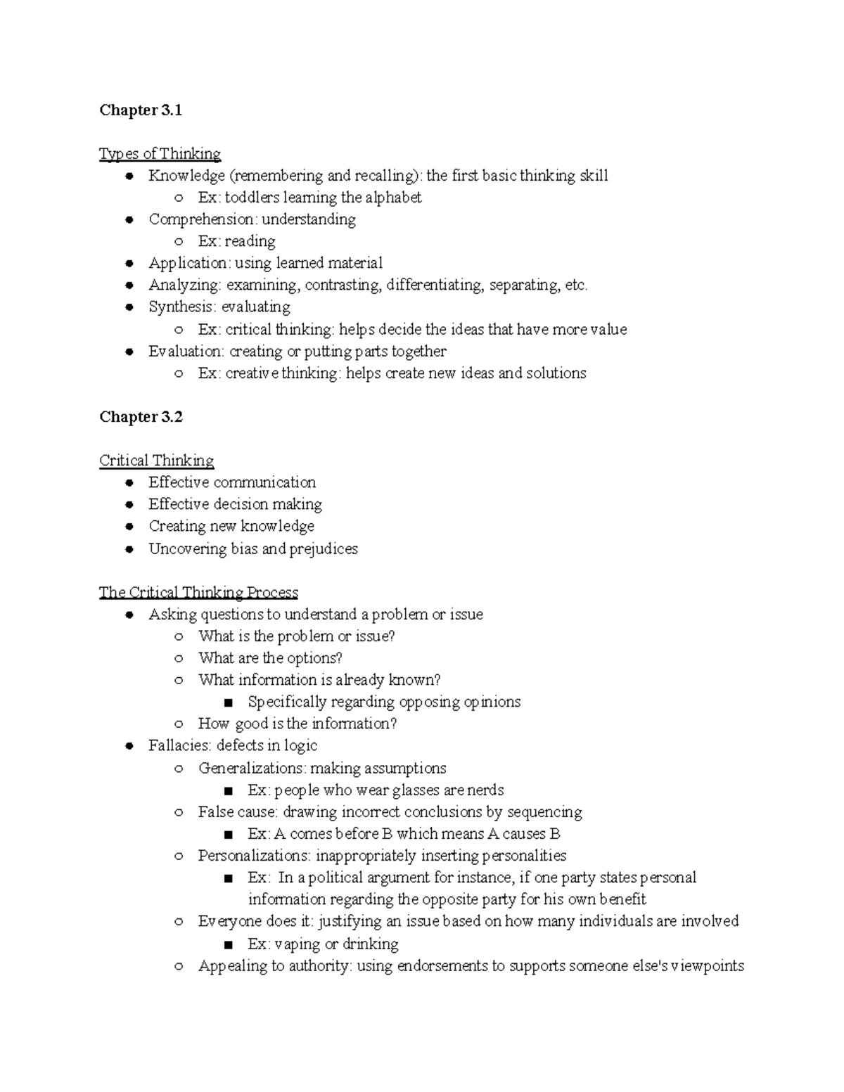 3.1 and 3.2 notes - Thinking/Critical thinking - Chapter 3. Types of ...