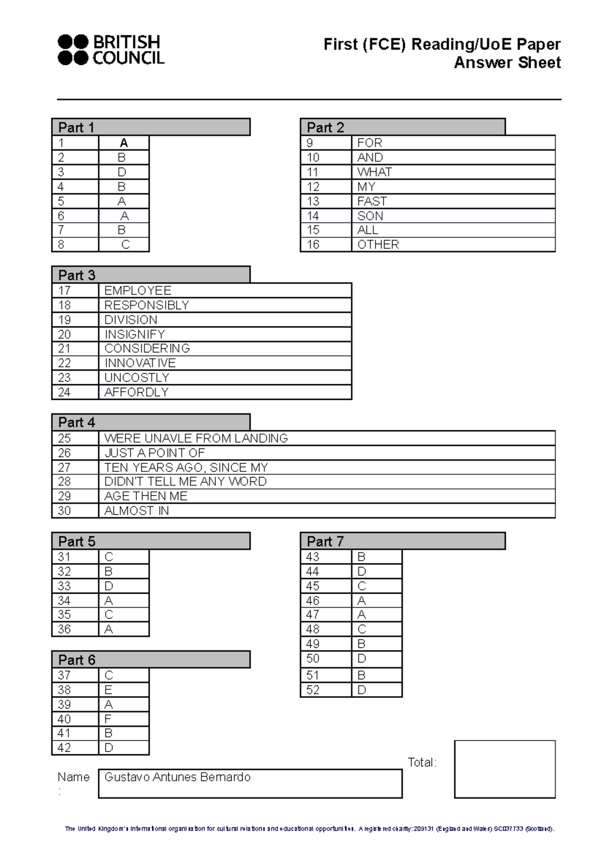 FCE Reading Uo E Ans Sheet - First (FCE) Reading/UoE Paper Answer Sheet ...