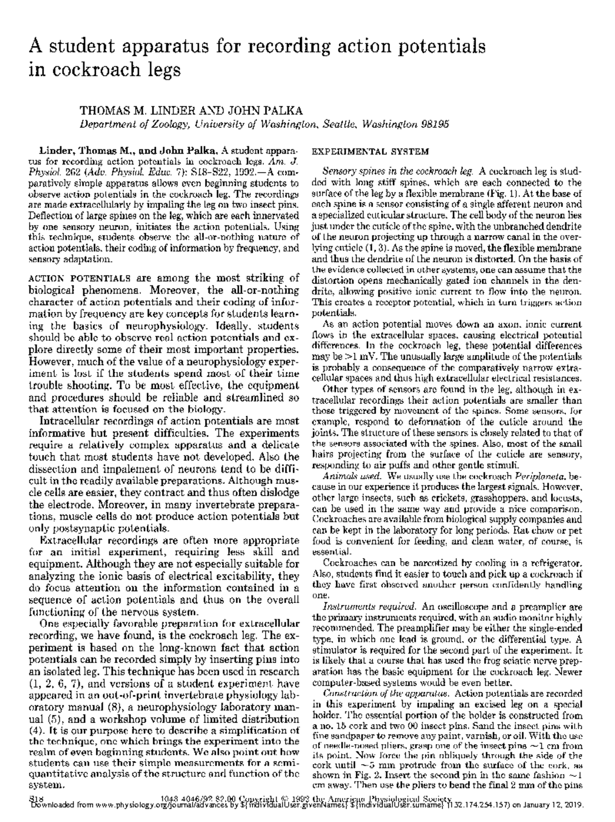 A student apparatus for recording action potentials in cockroach legs ...