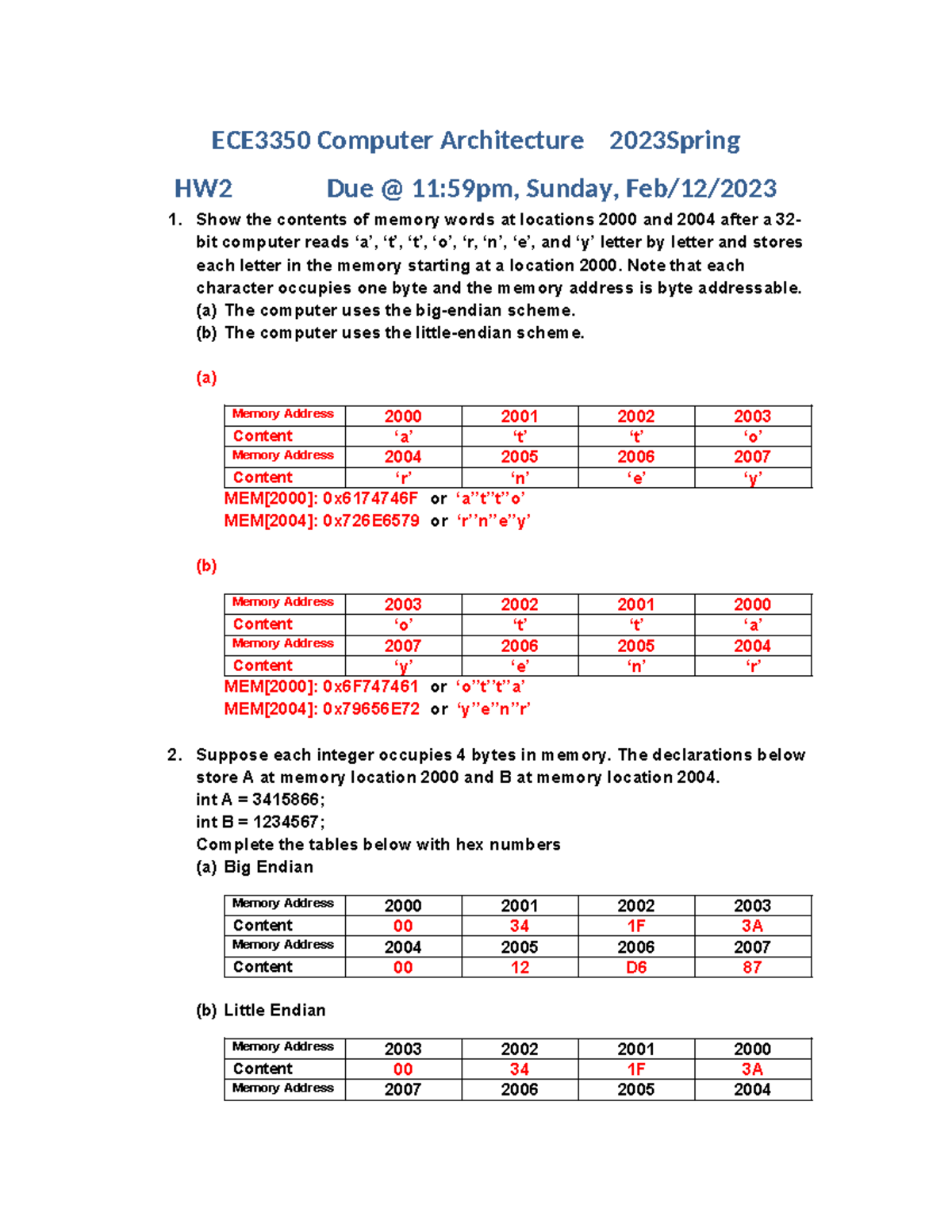 HW2 Solution - HW2 - ECE3350 Computer Architecture 2023Spring HW2 Due @ 11:59pm, Sunday, Feb/12/ ...