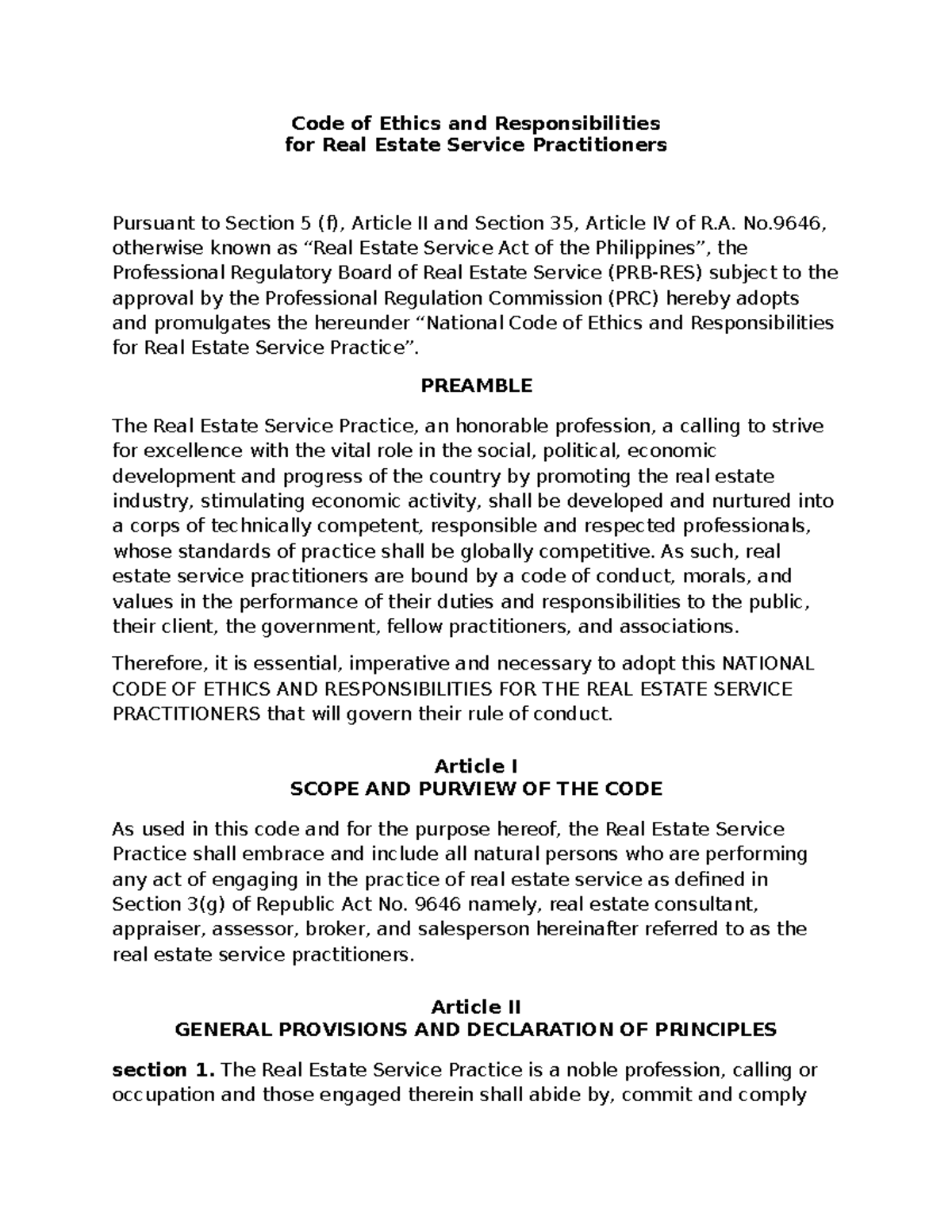 Code of Ethics and Responsibilities for Real Estate Service - Code of ...