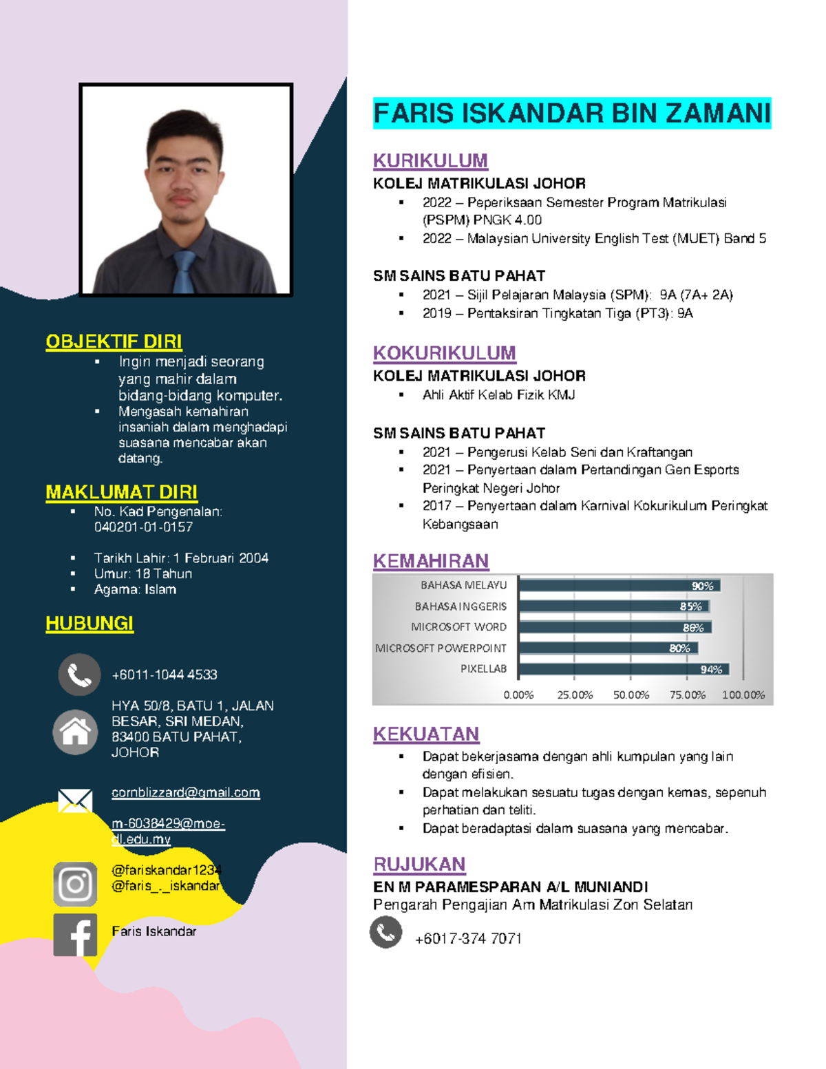 Resume Faris - dadadwdwdwq3r35 523rr 2r2r 2324 - FARIS ISKANDAR BIN ZAMANI KURIKULUM KOLEJ - Studocu
