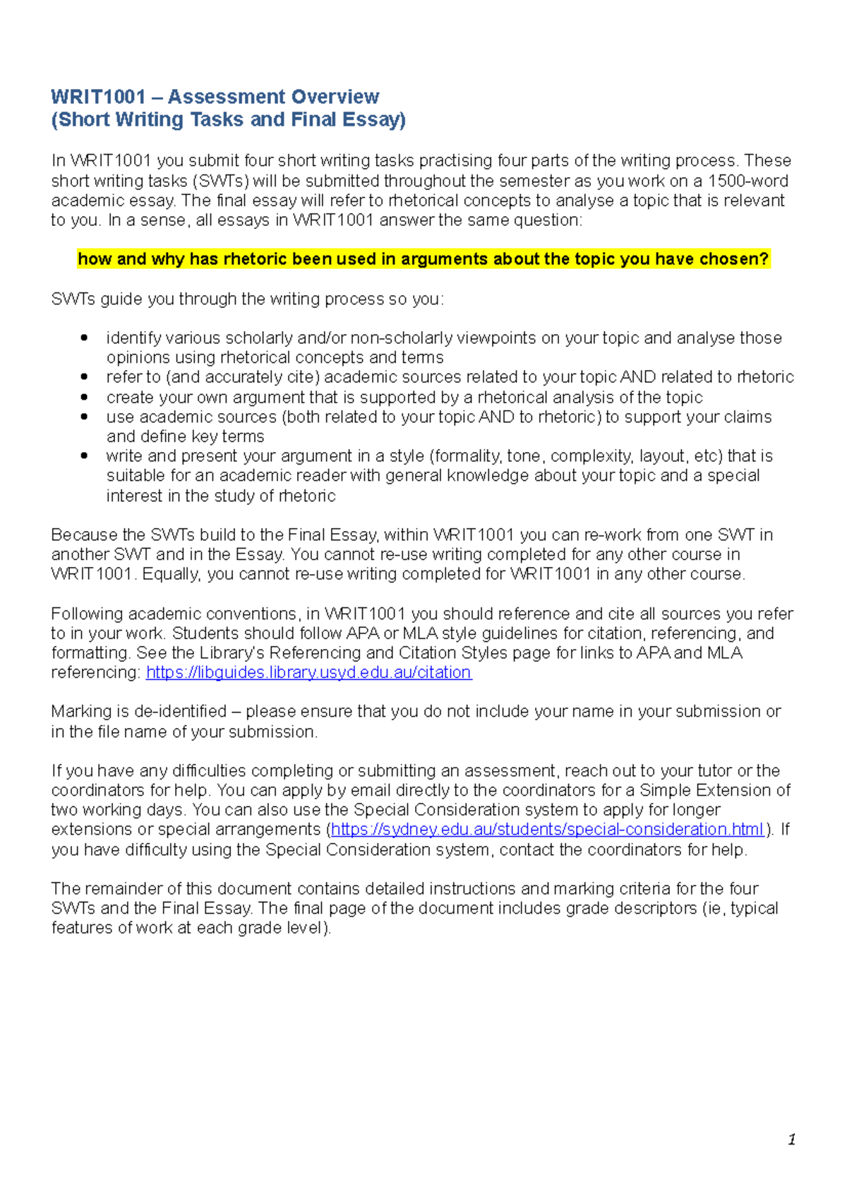 Instruction for Writ1001 - WRIT1001 – Assessment Overview (Short ...