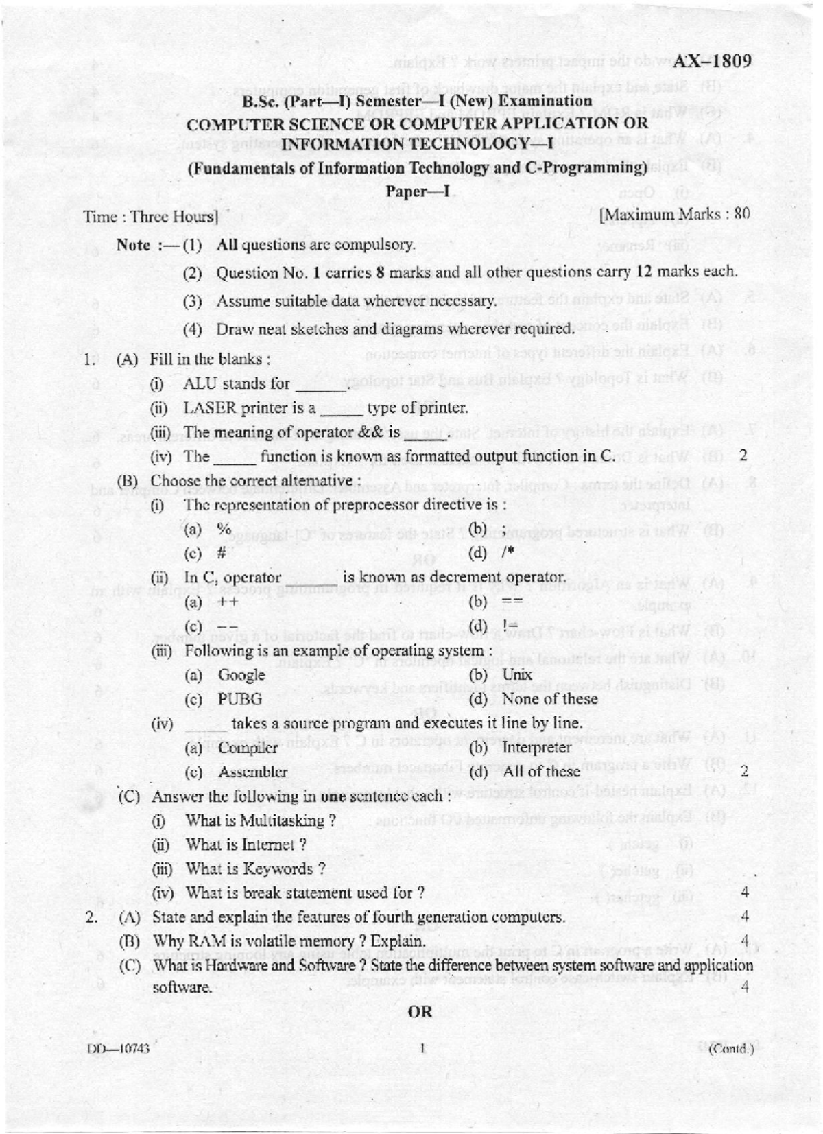 CA CS IT Fundamentals of IT n C Programming - AX- B. (Part-I) Semester ...