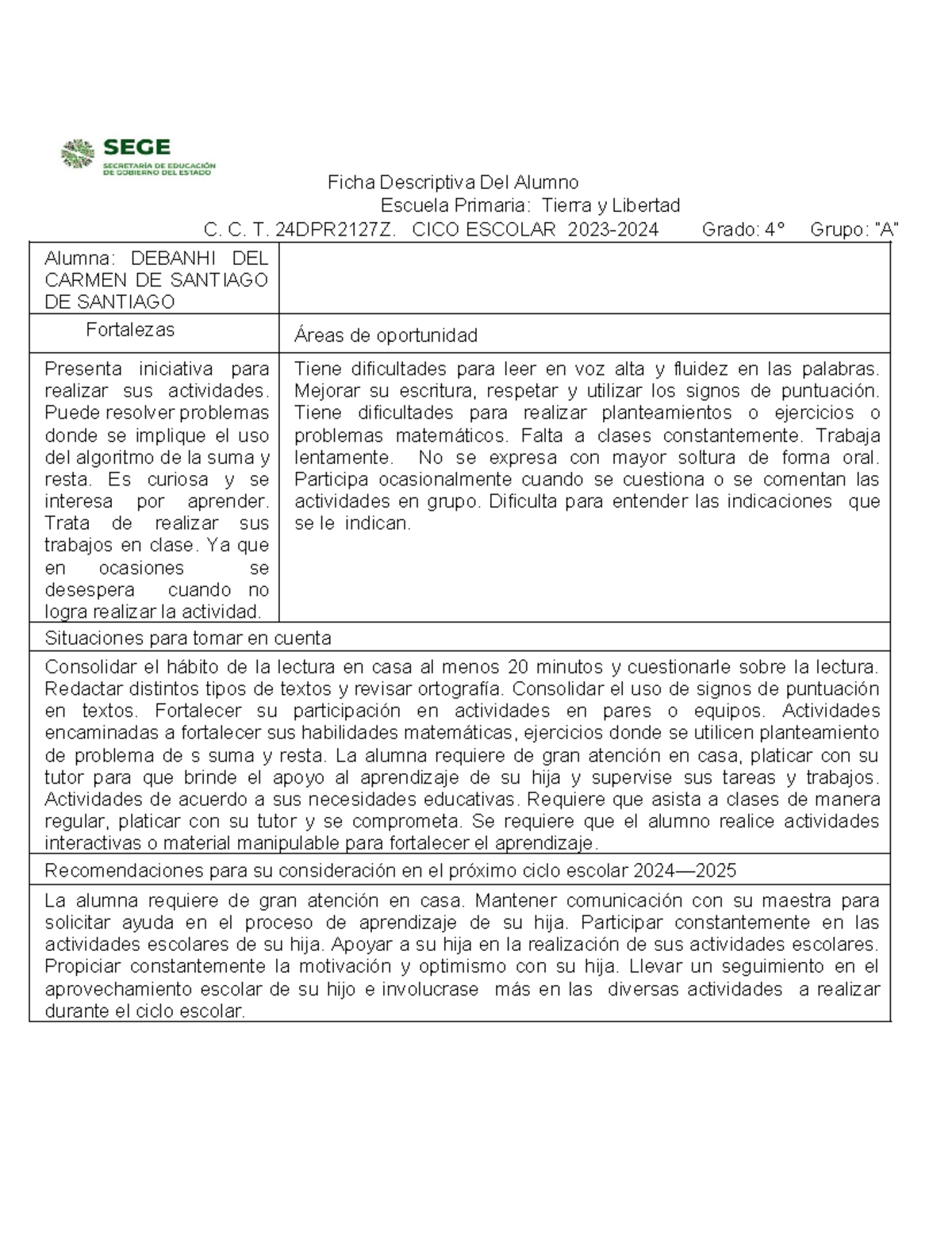 Fichas Descriptivas DE 4° Grado 2023-2024 - Ficha Descriptiva Del ...