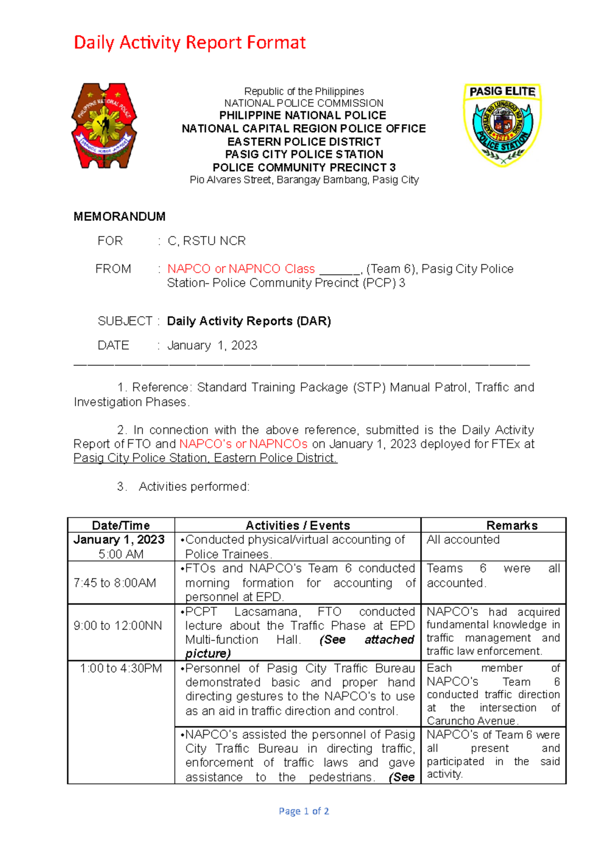 DAR- Napco-and- Napnco - Daily Activity Report Format Republic of the ...