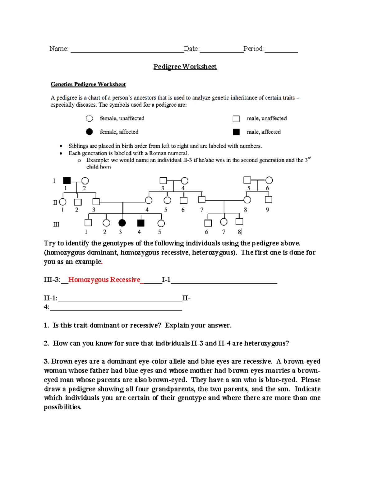 Pedigree Worksheet - Name: _______________________________Date ...