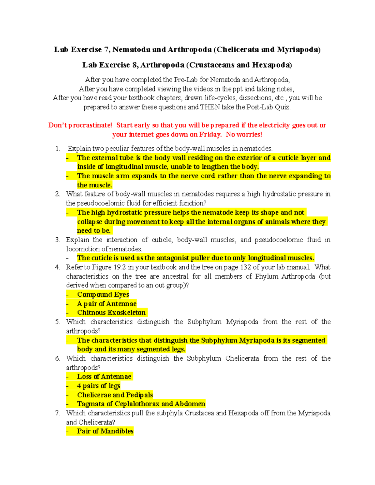 Lab Exercises 7 and 8 - Lab Exercise 7, Nematoda and Arthropoda ...
