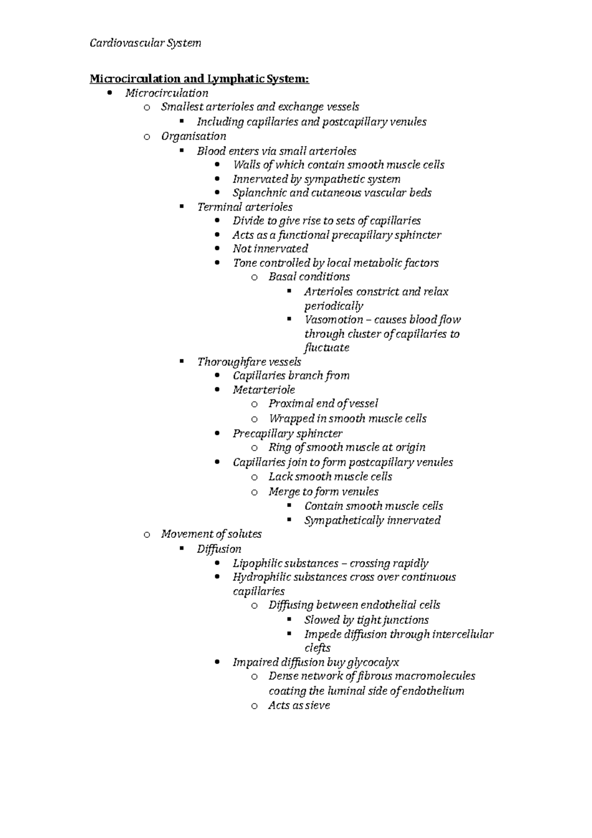 Microcirculation And Lymphatic System Lecture Notes Cardiovascular