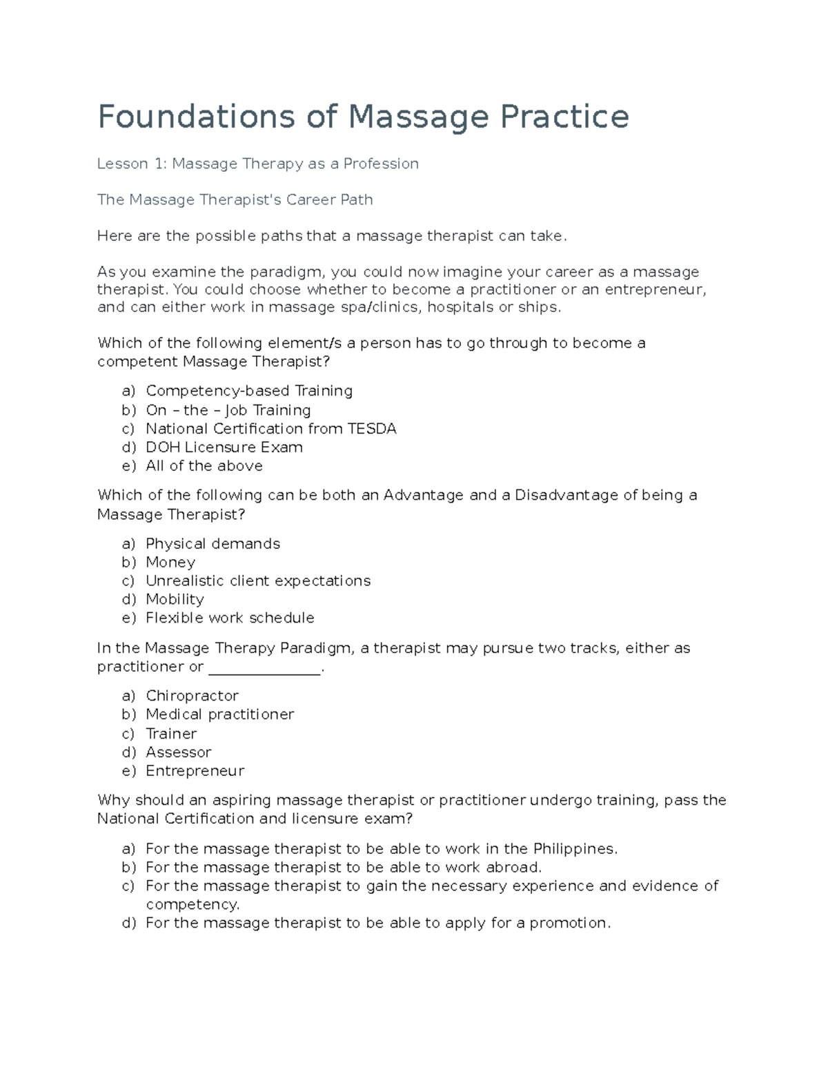 BS Nursing Final EXAM PART 2 - Foundations of Massage Practice Lesson 1 ...