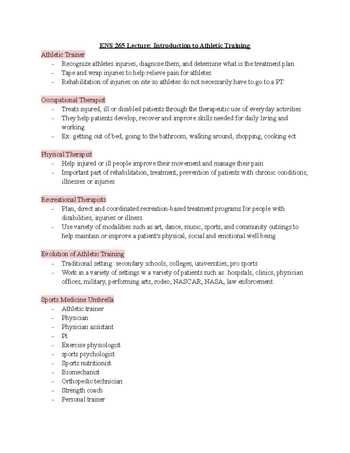 ENS 265: Care & Prevention of Athletic and Recreational Injuries - Unit ...