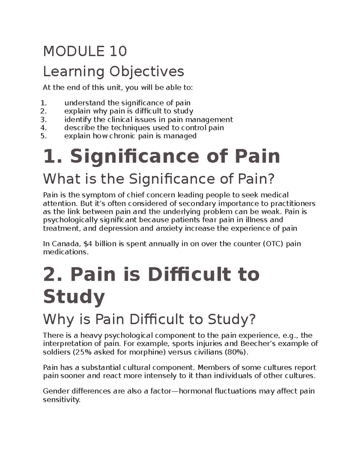 Module 10 - Pain and Its Management - MODULE 10 Learning Objectives At ...