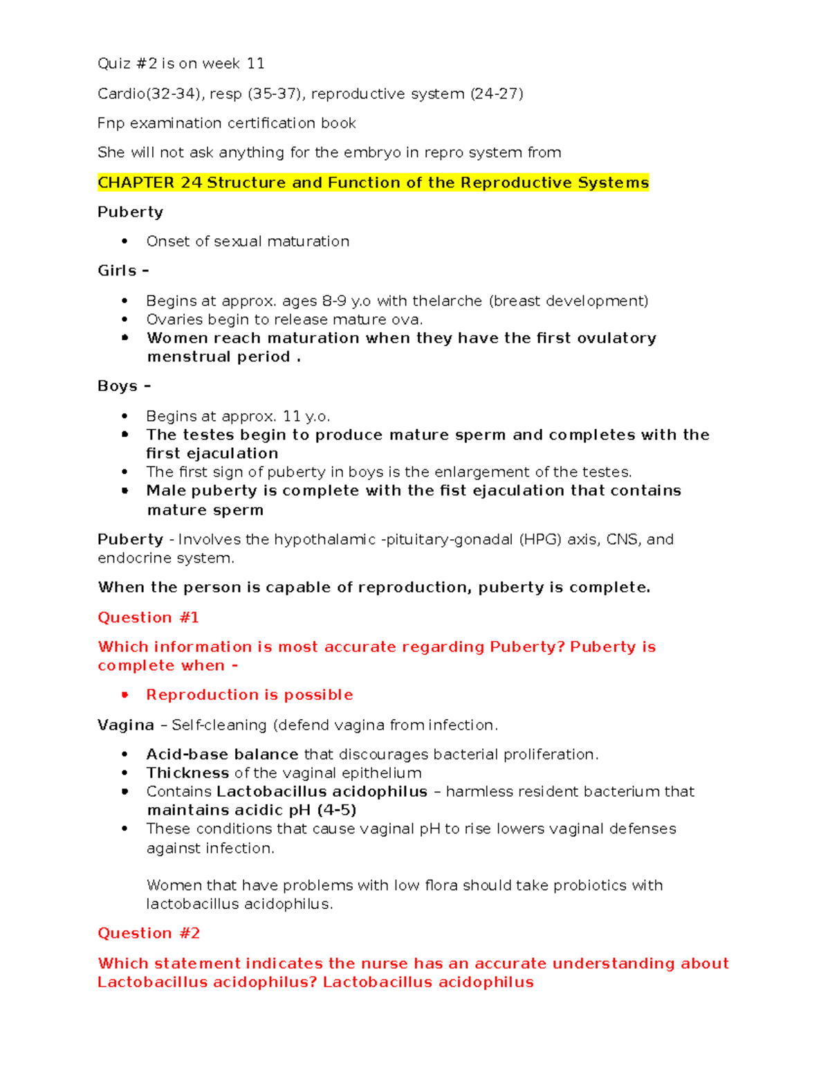 Class 2-28-24 Repro - Summary Advance pathophysiology - Quiz #2 is on ...