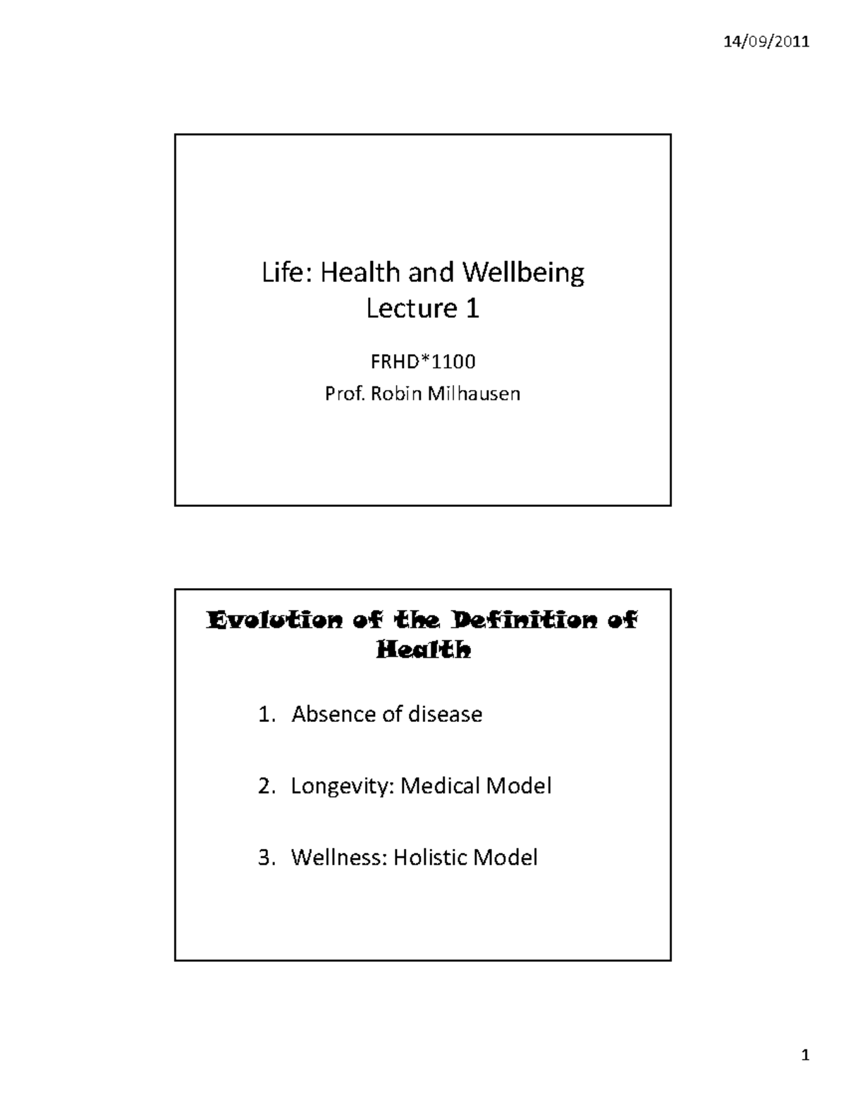Life 1 Student - notes - Life: Health and Wellbeing Lecture 1 FRHD ...